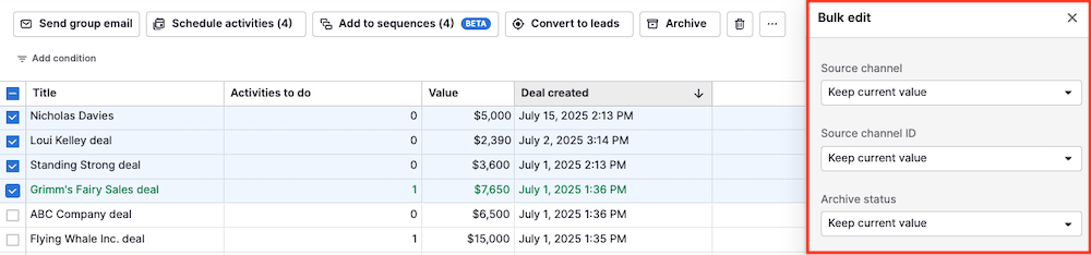 Bulk-editing and filtering - Knowledge Base | Pipedrive